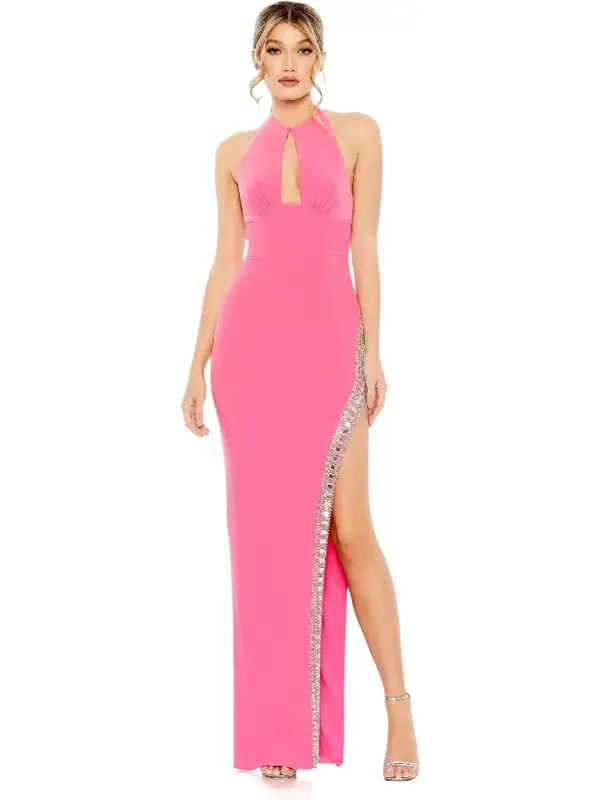 Mac Duggal Halter Gown With Beaded Slit Detail - Pink