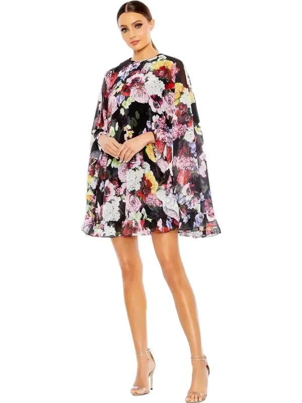 Mac Duggal Floral Print High Neck Cape Mini Dress - Multicolor