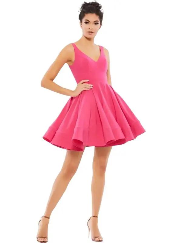 Mac Duggal V-neck Fit & Flare Mini Dress With Pockets - Pink
