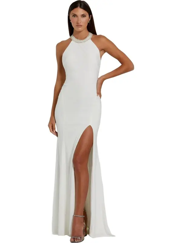 Mac Duggal Beaded Halter Jersey Gown - White