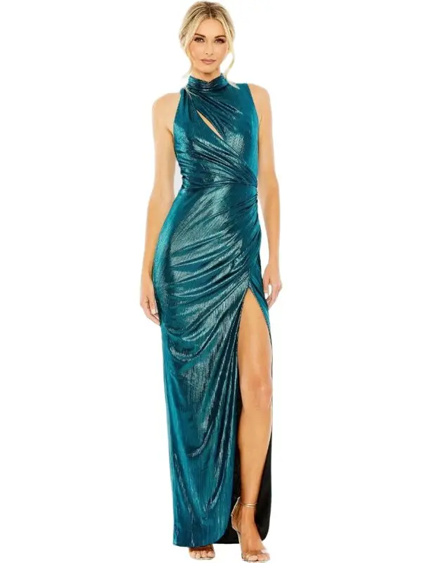Mac Duggal Metallic Jersey Gown With Keyhole Bodice - Peacock