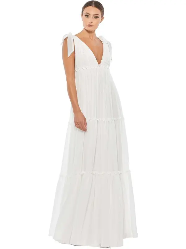 Mac Duggal Tiered Plunging Maxi Dress - White