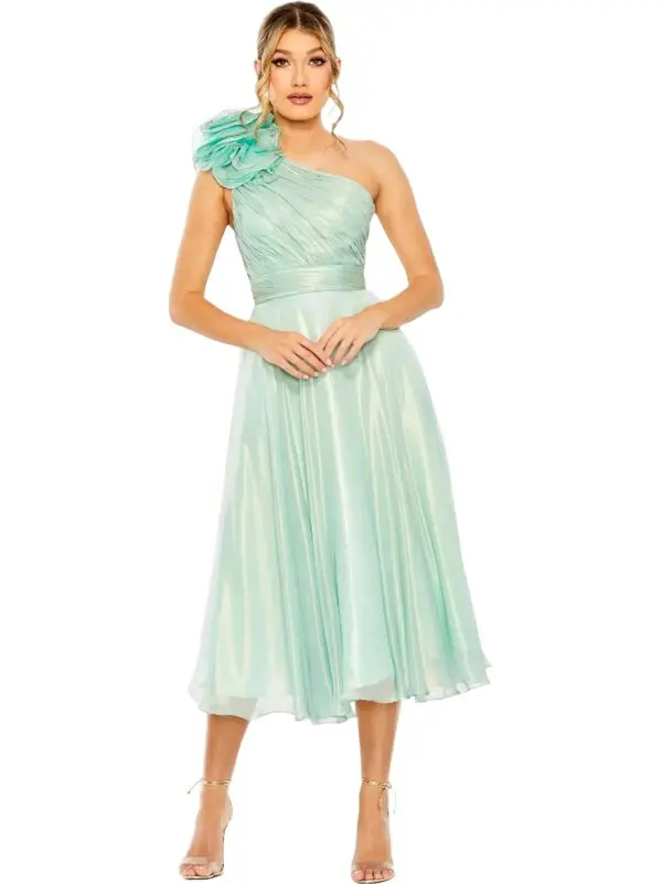 Mac Duggal One-shoulder Pleated Tea-length Dress - Green