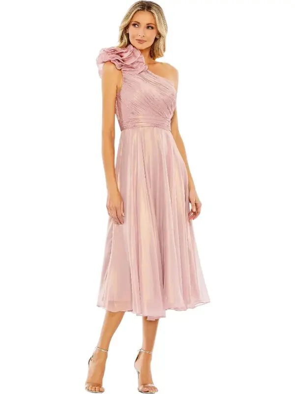 Mac Duggal Rosette One-shoulder Tea-length Dress - Pink