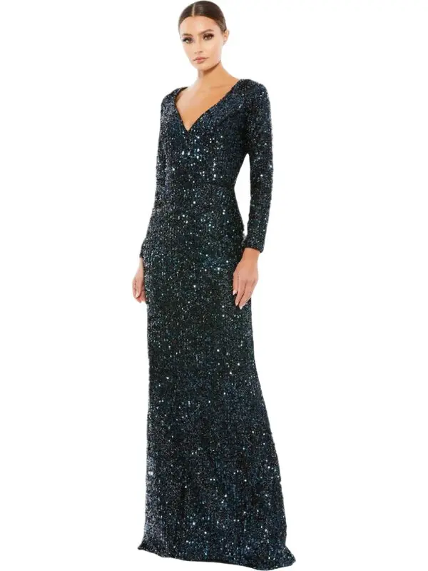 Mac Duggal Long Sleeve Sequin Gown - Navy