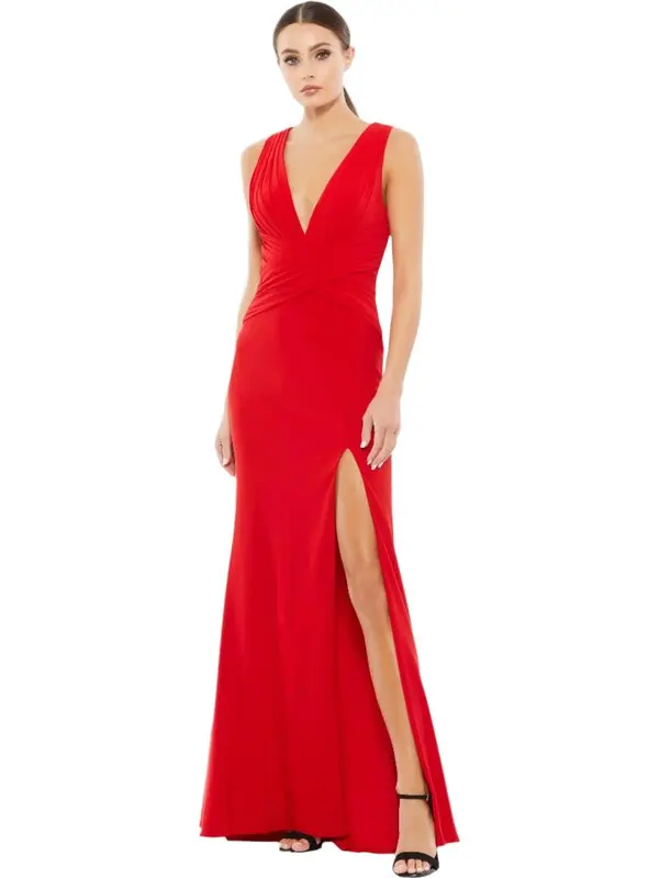 Mac Duggal Pleated Bodice Jersey Column Gown - Red