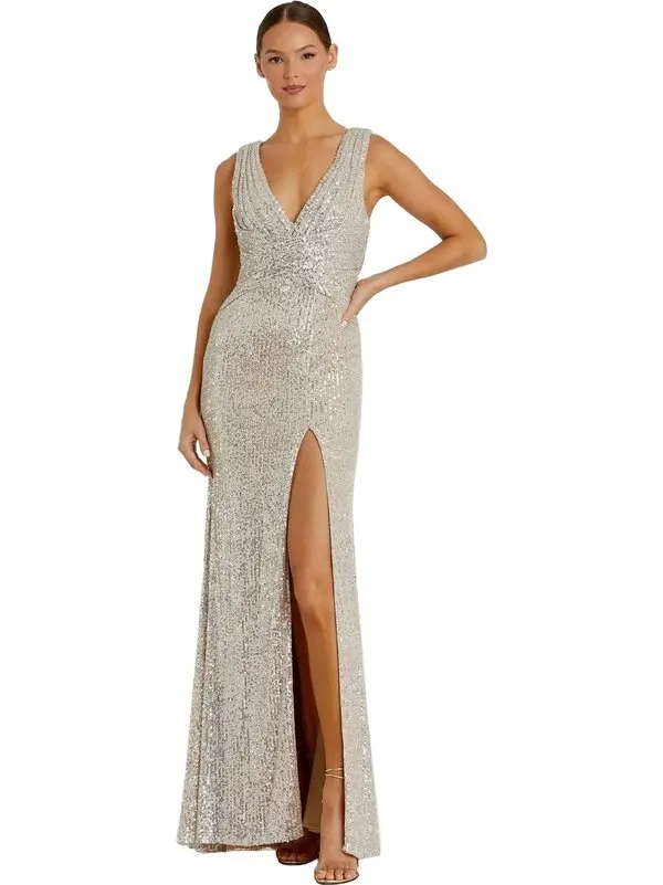 Mac Duggal V-neck Sequin Wrap Waist Gown - Silver