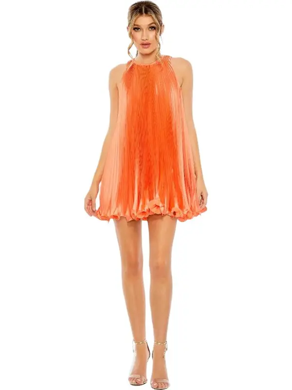 Mac Duggal Pleated Halter Neck Mini Trapeze Dress - Orange
