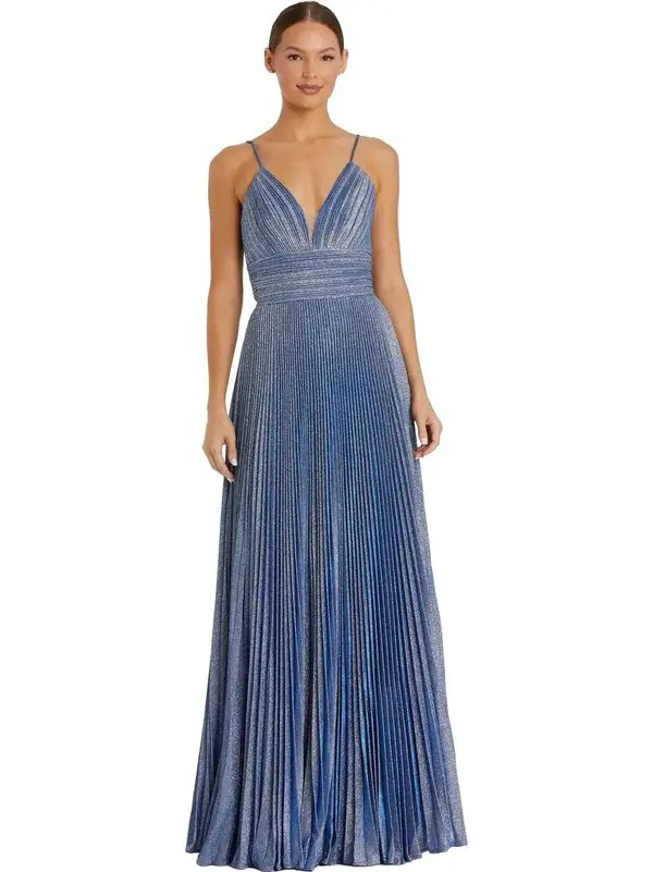 Mac Duggal Metallic Lurex Gown With Glitter Detail - Blue