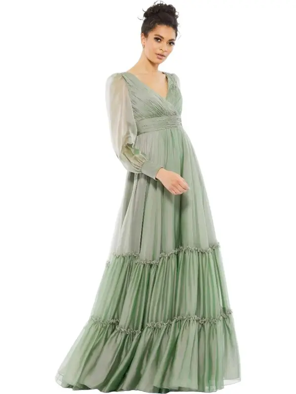 Mac Duggal Faux Wrap Illusion Bishop Sleeve Tiered Gown - Green