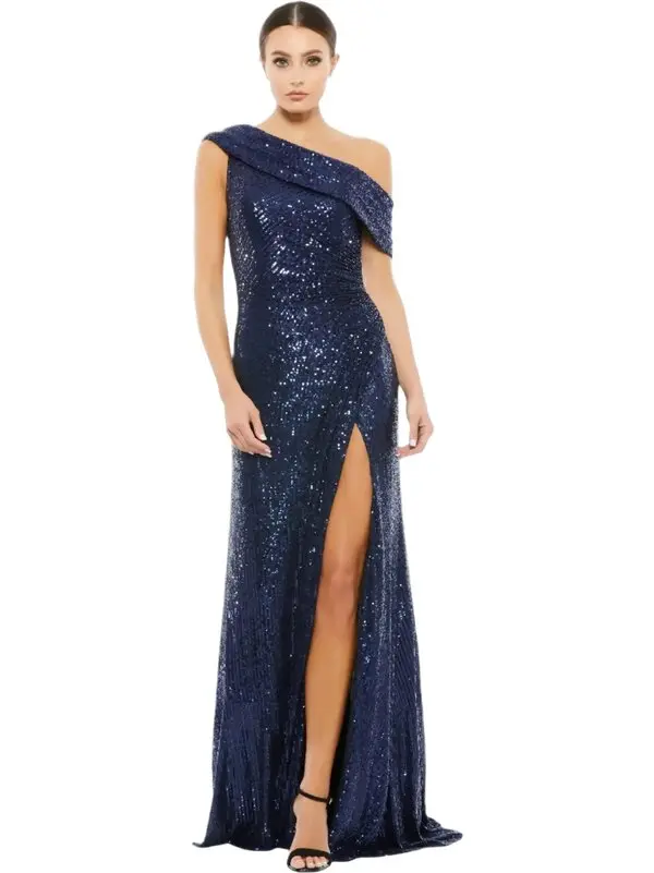 Mac Duggal Sequined Off-the-shoulder Evening Gown - Navy