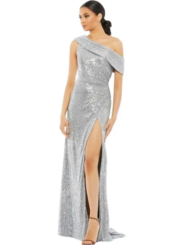 Mac Duggal Sequined Drop Shoulder Gown - Silver
