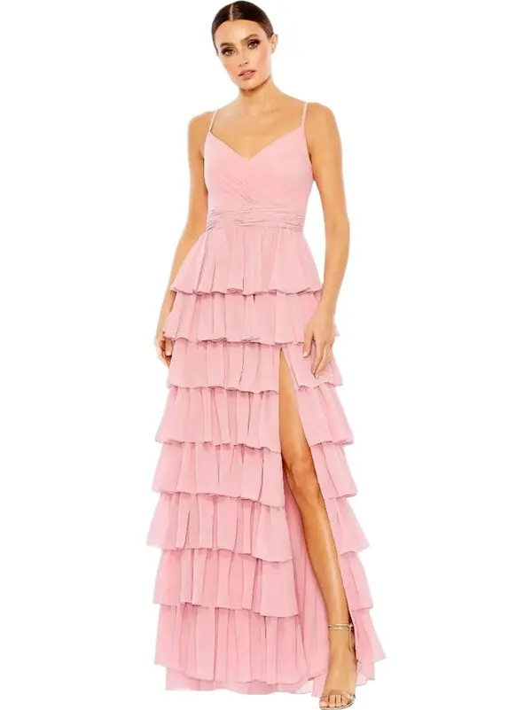 Mac Duggal V-neck Sleeveless Chiffon Gown With Ruffled Skirt - Pink