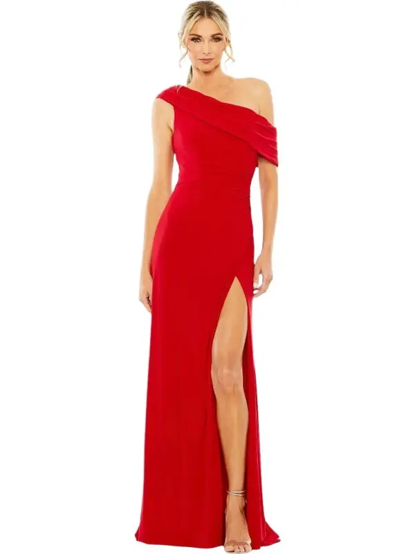 Mac Duggal Foldover Off-the-shoulder Slit Gown - Red