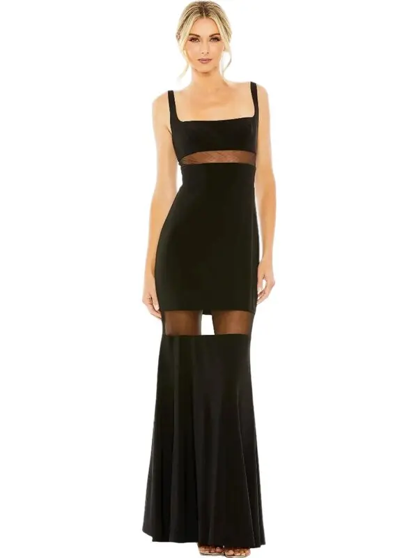 Mac Duggal Column Gown With Mesh Paneling - Black