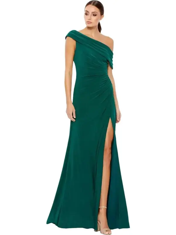 Mac Duggal Foldover Off-the-shoulder Slit Gown - Green