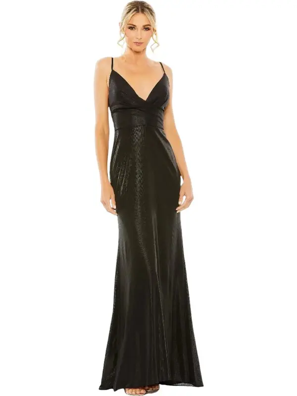 Mac Duggal Metallic Jersey Faux Wrap Gown - Black