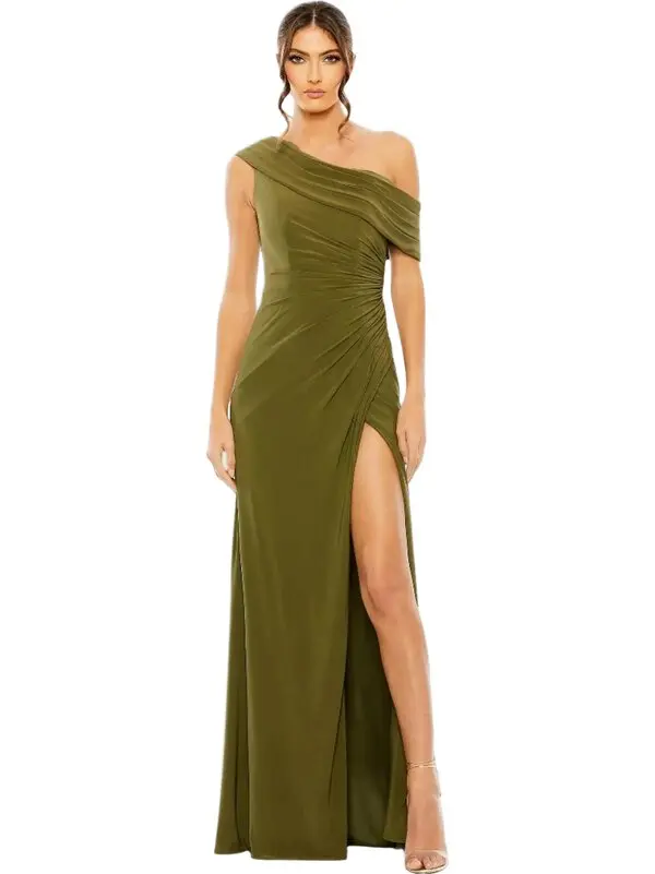 Mac Duggal Foldover Off-the-shoulder Slit Gown - Green