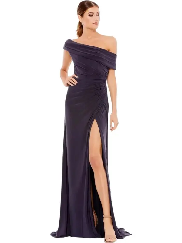 Mac Duggal Foldover Off-the-shoulder Gown With Slit - Purple