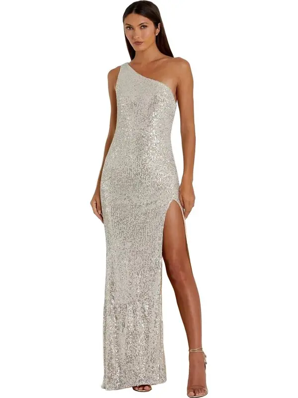 Mac Duggal Sequined One-shoulder Gown With Draped Back - Silver