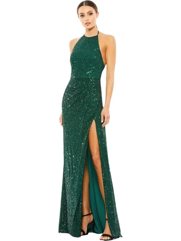 Mac Duggal Sequin Halter Neck Open Back Gown - Green