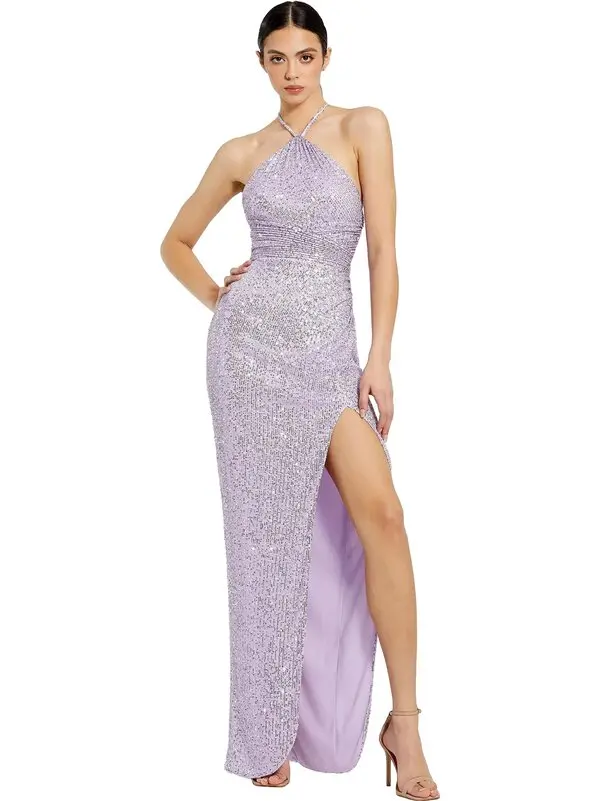 Mac Duggal Halter Neck Sequin Gown With Front Slit - Purple