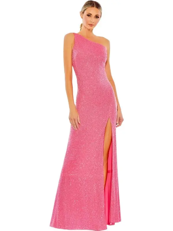Mac Duggal Sequined One-shoulder Gown With Draped Back - Pink