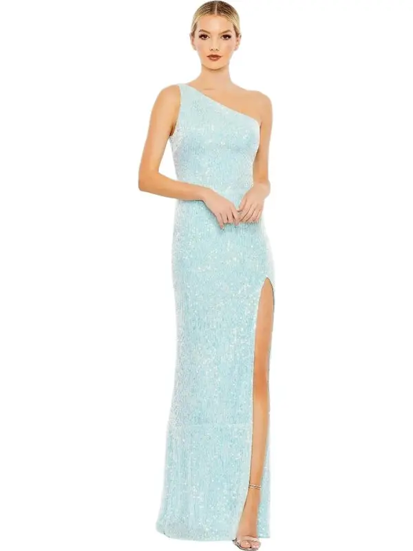 Mac Duggal Sequin One-shoulder Draped Back Gown - Blue