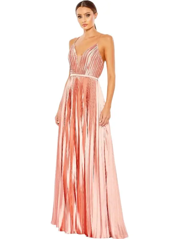Mac Duggal Plunge Neck Pleated Evening Gown - Pink