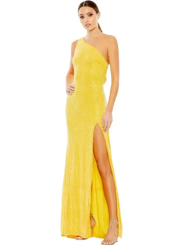 Mac Duggal Sequined One Shoulder Draped Back Gown - Yellow