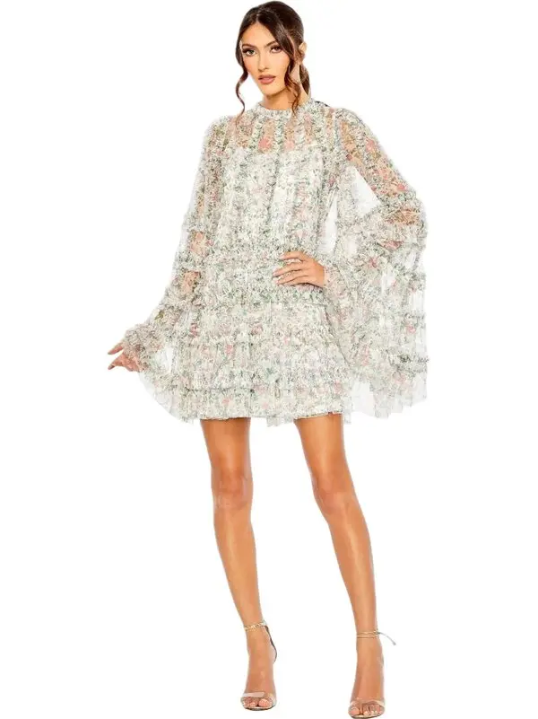 Mac Duggal Print Long Flare Sleeve Mesh A-line Dress - Floral