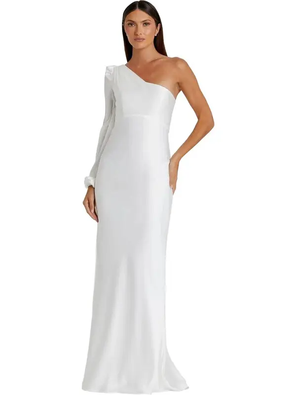 Mac Duggal One-shoulder Satin Charmeuse Gown - White