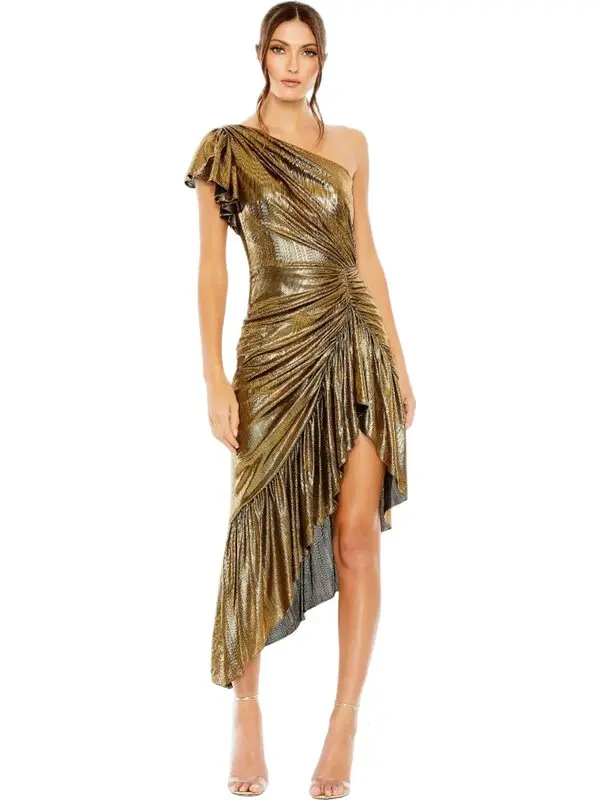 Mac Duggal One-shoulder High-low Dress With Flutter Sleeve - Gold