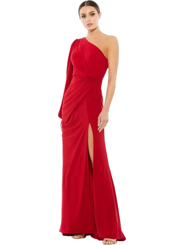 Mac Duggal Jersey Gown With Puff Sleeve And Thigh-high Slit - Red