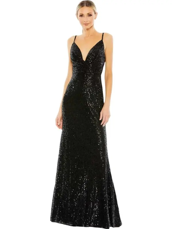Mac Duggal Sequined Draped V-neck Gown - Black