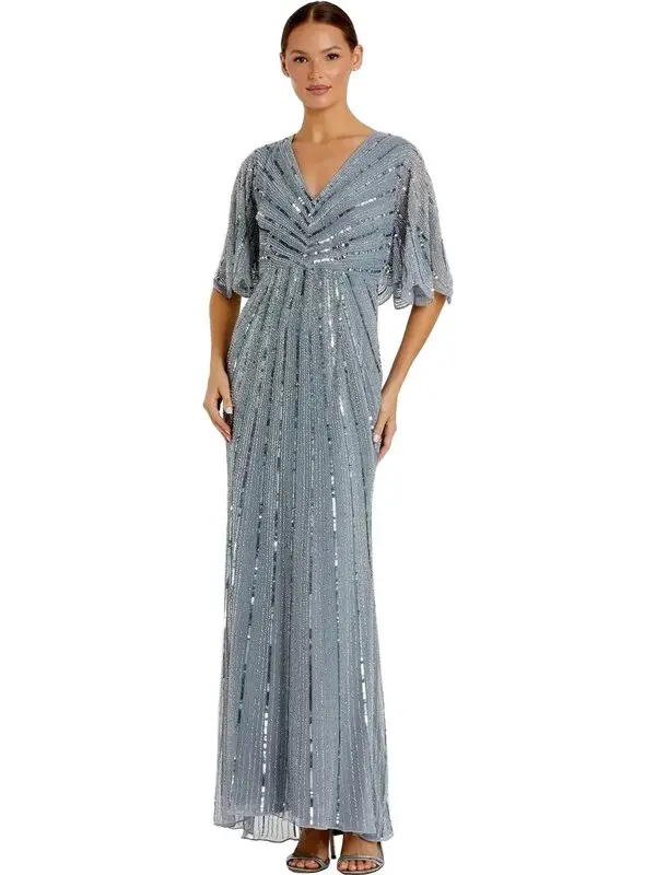 Mac Duggal Sequined V-neck Cape Sleeve Gown - Blue