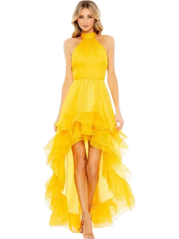 Mac Duggal Ruffle Tiered High-low Halter Neck Gown - Yellow