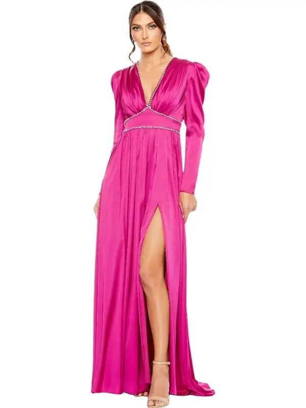 Mac Duggal Rhinestone Trim Puff Sleeve Gathered Gown - Pink