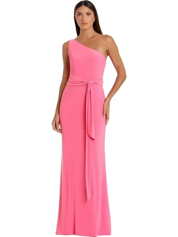 Mac Duggal Jersey One-shoulder Belted Trumpet Gown - Pink