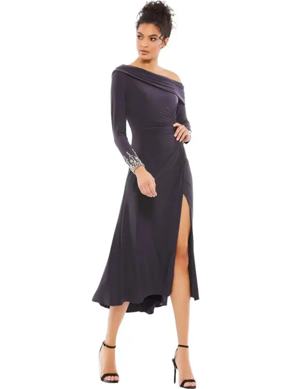 Mac Duggal Foldover Long Sleeve Jeweled Midi Dress - Purple