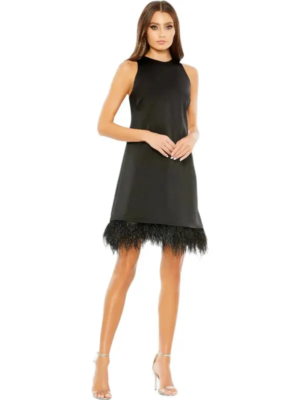 Mac Duggal Satin Trapeze Dress With Feathered Hem - Black