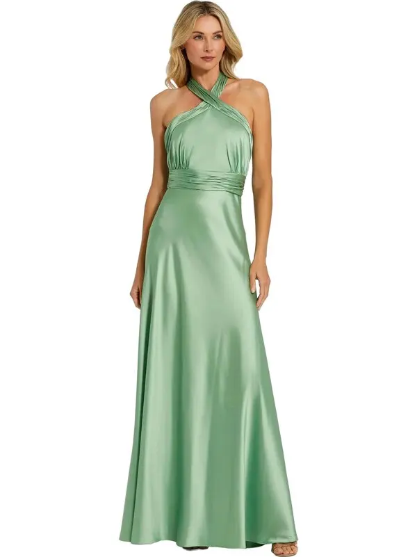 Mac Duggal Ruched Halter Neck Tie Back Satin Gown - Green