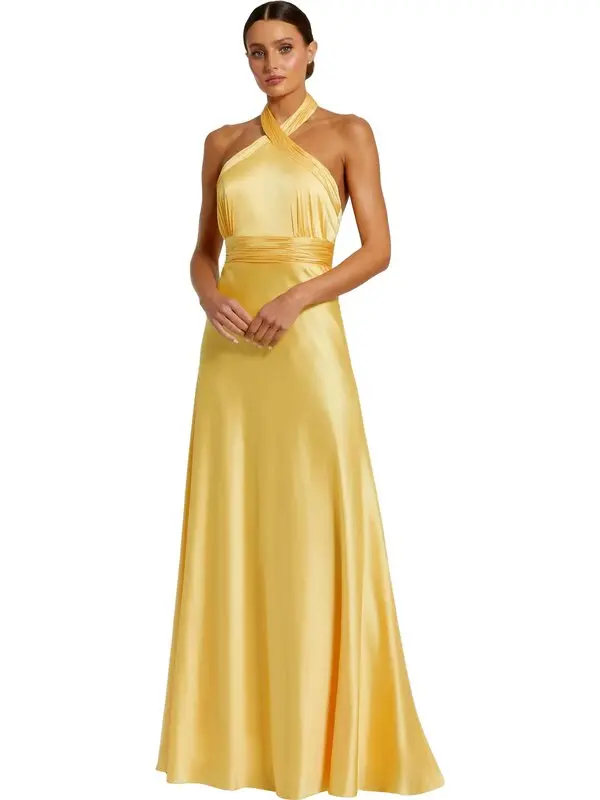 Mac Duggal Ruched Halter Neck Tie Back Satin Gown - Yellow