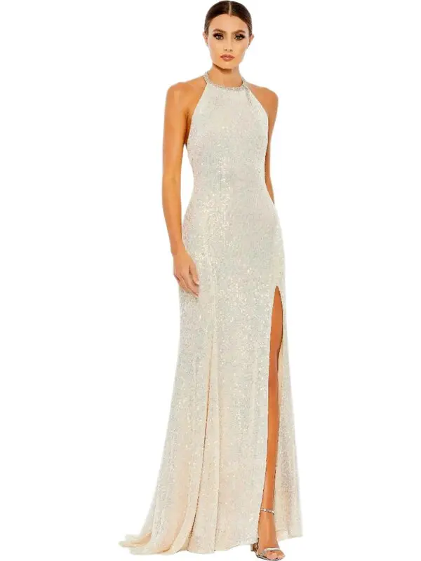 Mac Duggal Sequined High Neck Rhinestone Trim Column Gown - White