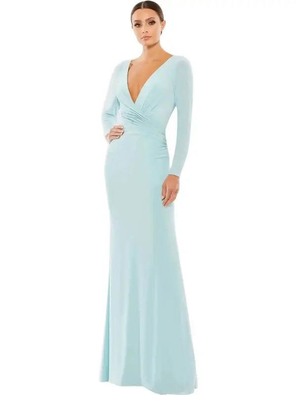 Mac Duggal Long Sleeve Ruched Jersey V-neck Gown - Blue