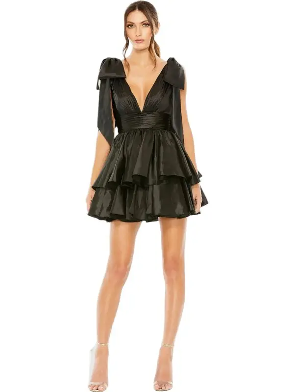 Mac Duggal Satin Mini Dress With Bow Detail - Black