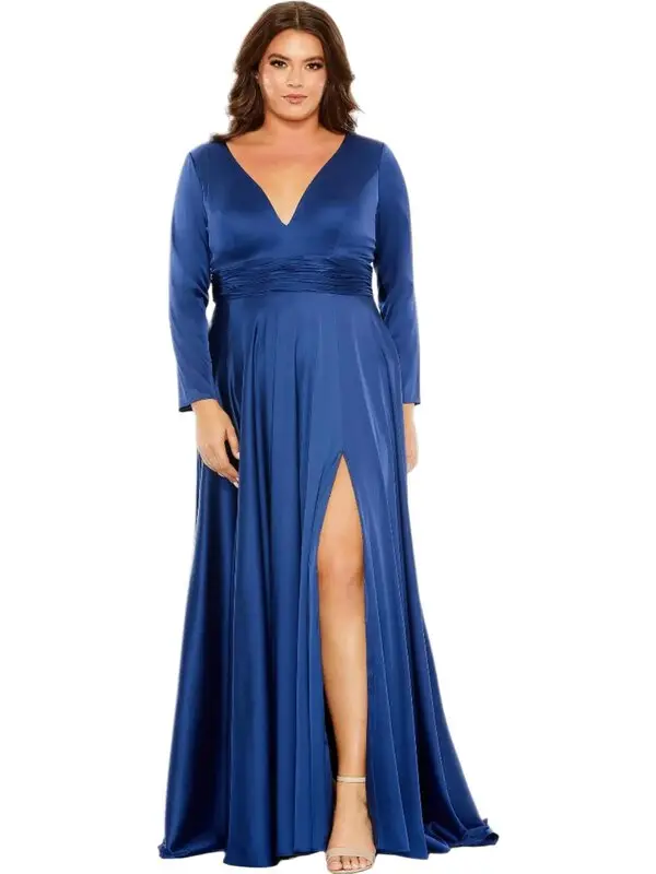 Mac Duggal Long Sleeve V-neck A-line Gown - Blue