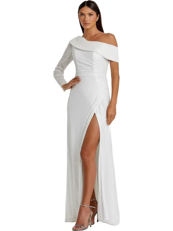 Mac Duggal Sequin Gown With Thigh-high Slit - White