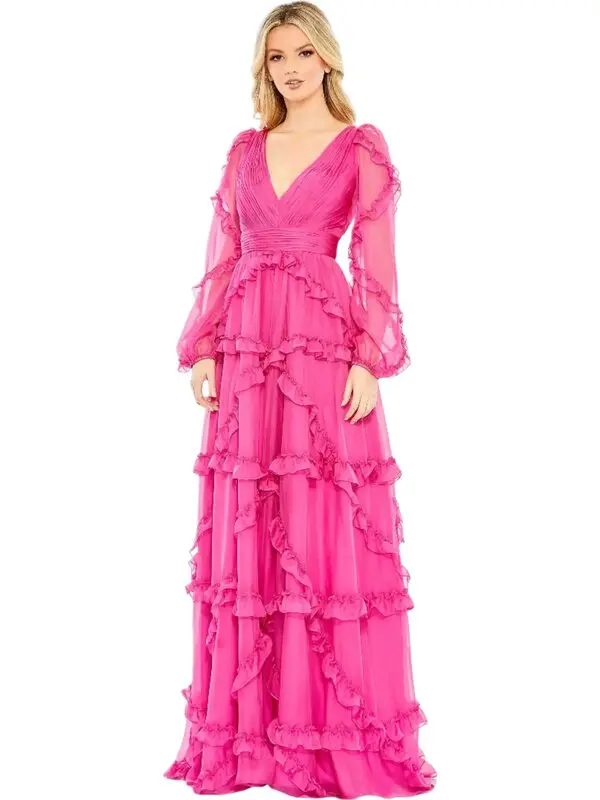 Mac Duggal Ruffle A-line Gown With Sheer Long Sleeves - Pink
