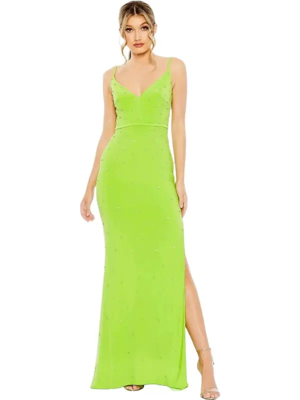 Mac Duggal Rhinestone Embellished V-neck Gown - Green
